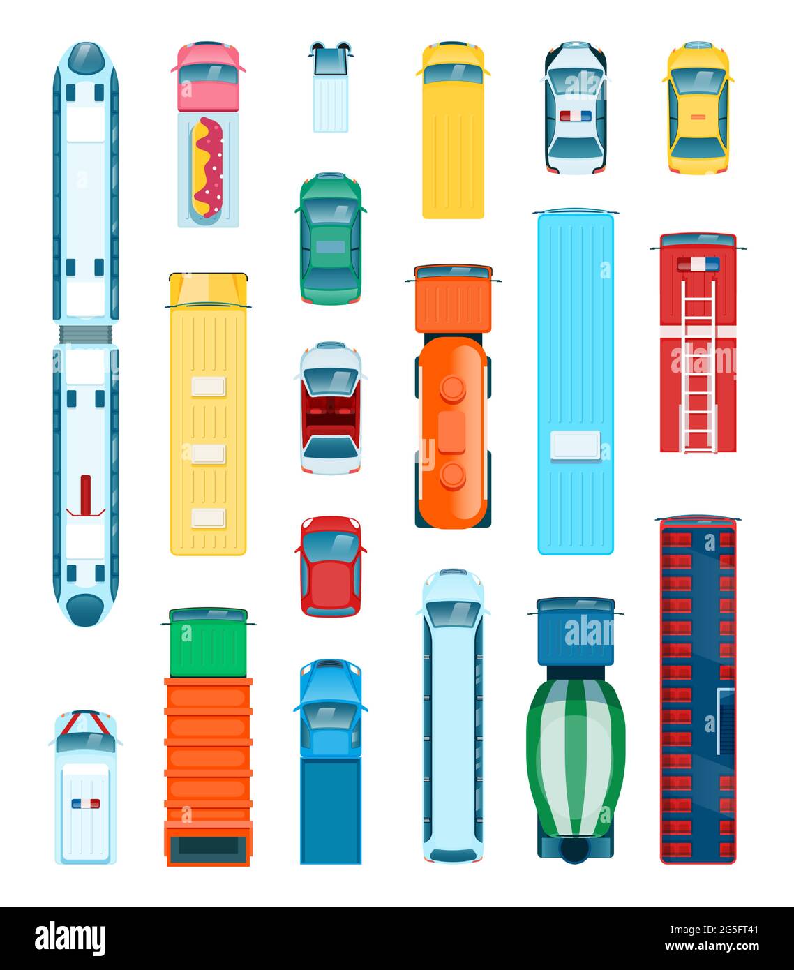 Car top view. Urban transport from above. Truck, bus, ambulance, taxi ...