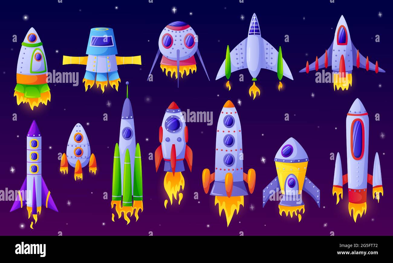 Cartoon spaceships. Futuristic rockets, spacecraft with space ...