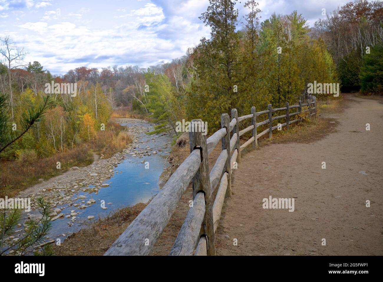 Footpath with fences in autumn with the river valley in the background ...