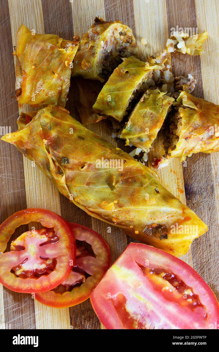 Arabic food. Appetizing cabbage rolls with rice and ground beef Stock ...