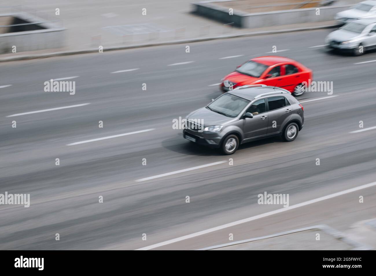 Ukraine, Kyiv - 29 April 2021: Silver SsangYong Actyon car moving on ...