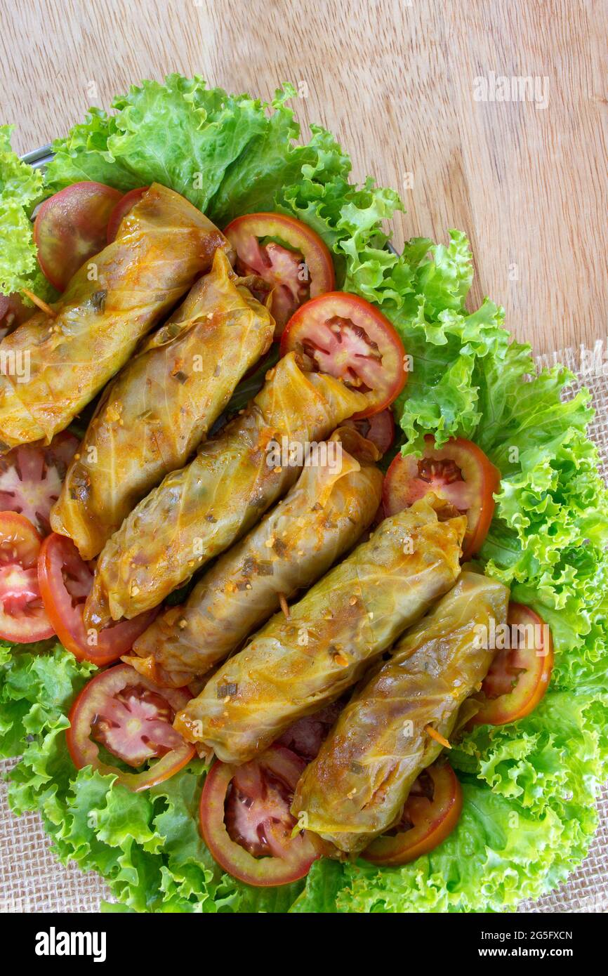 Arabic food. Appetizing cabbage rolls with rice and ground beef Stock ...