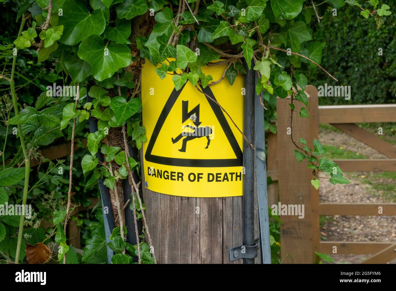 A triangular 'Danger of Death' warning sign on a wooden pole carrying ...