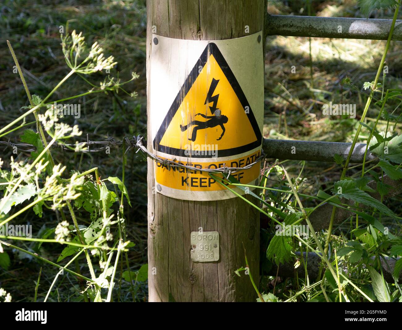 A triangular 'Danger of Death' warning sign on a wooden pole carrying ...