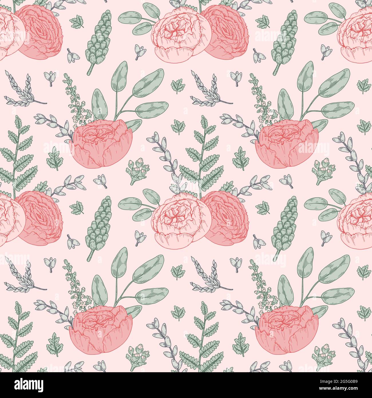 Hand drawn botany seamless pattern with pink gentle flowers. Vector ...