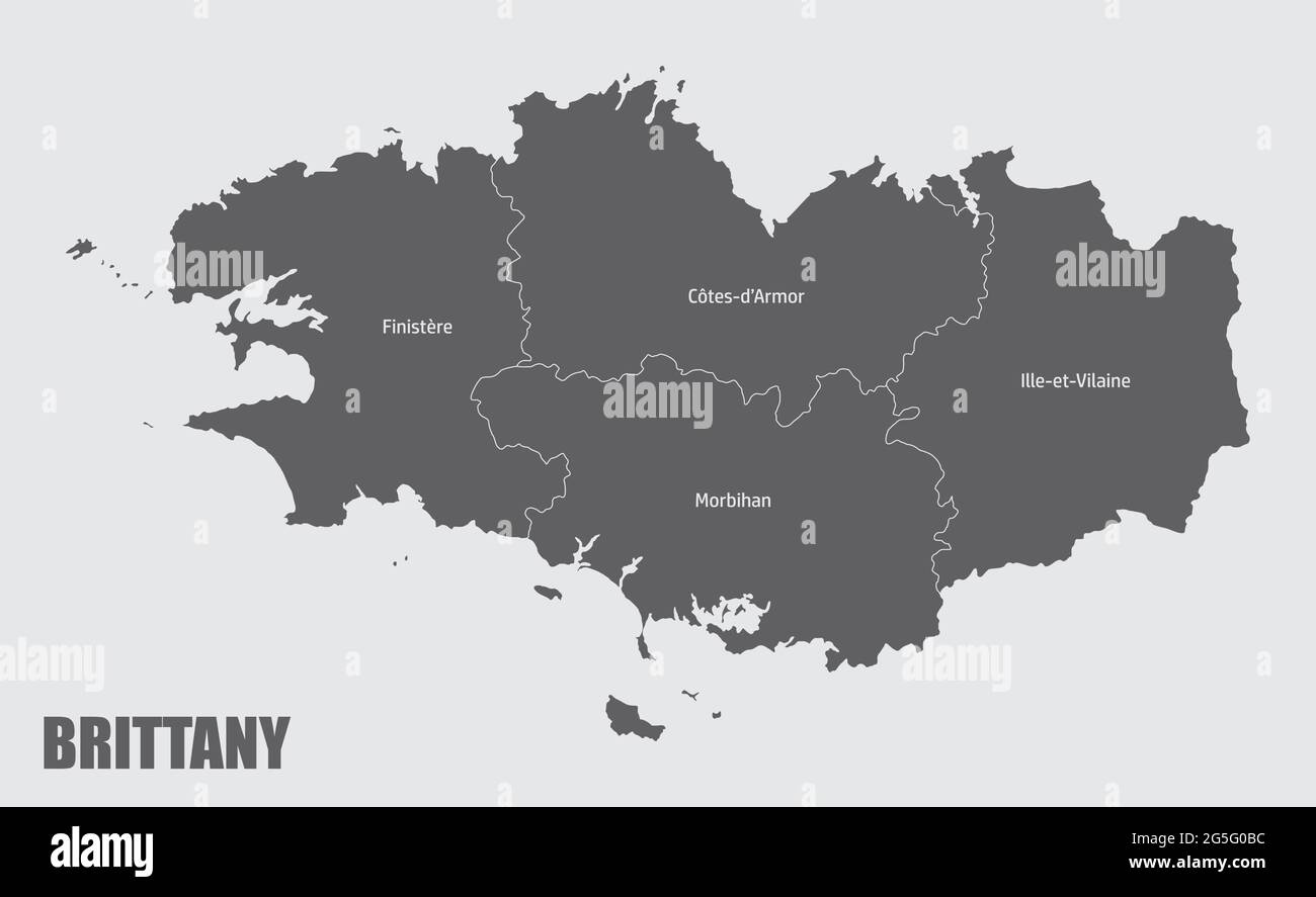 Brittany administrative map divided in departments with labels, France ...