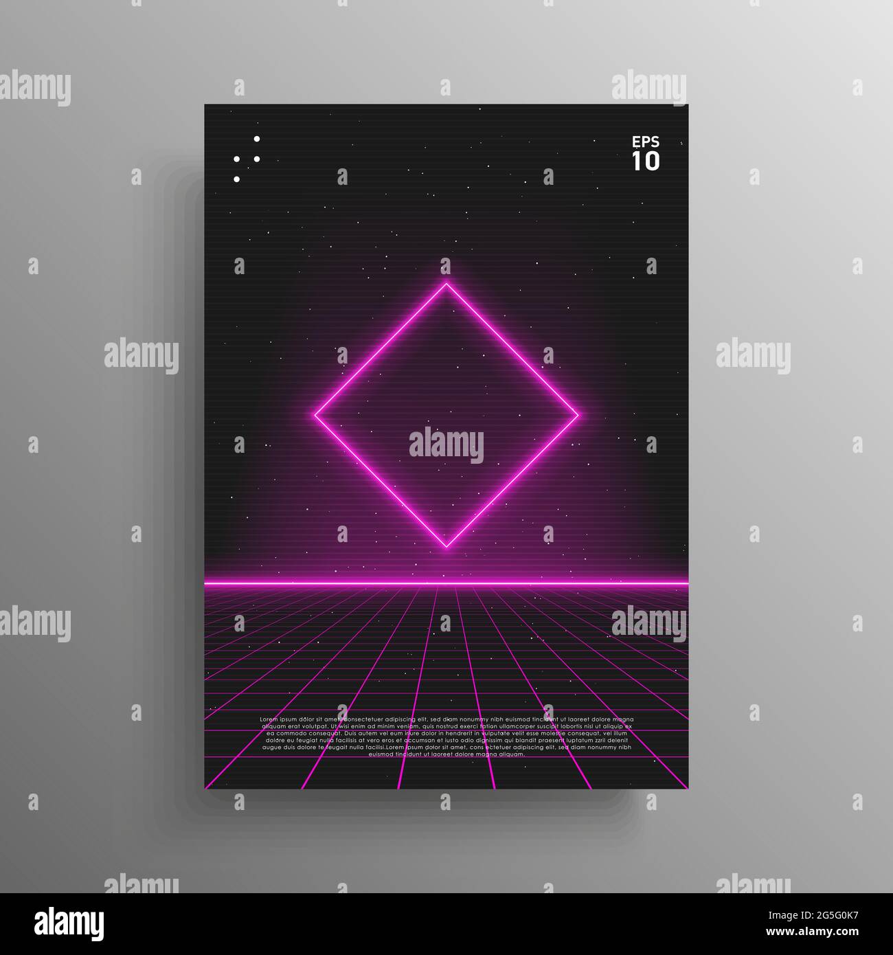 Synthwave poster. Glowing rhombus shape with laser perspective grid in ...