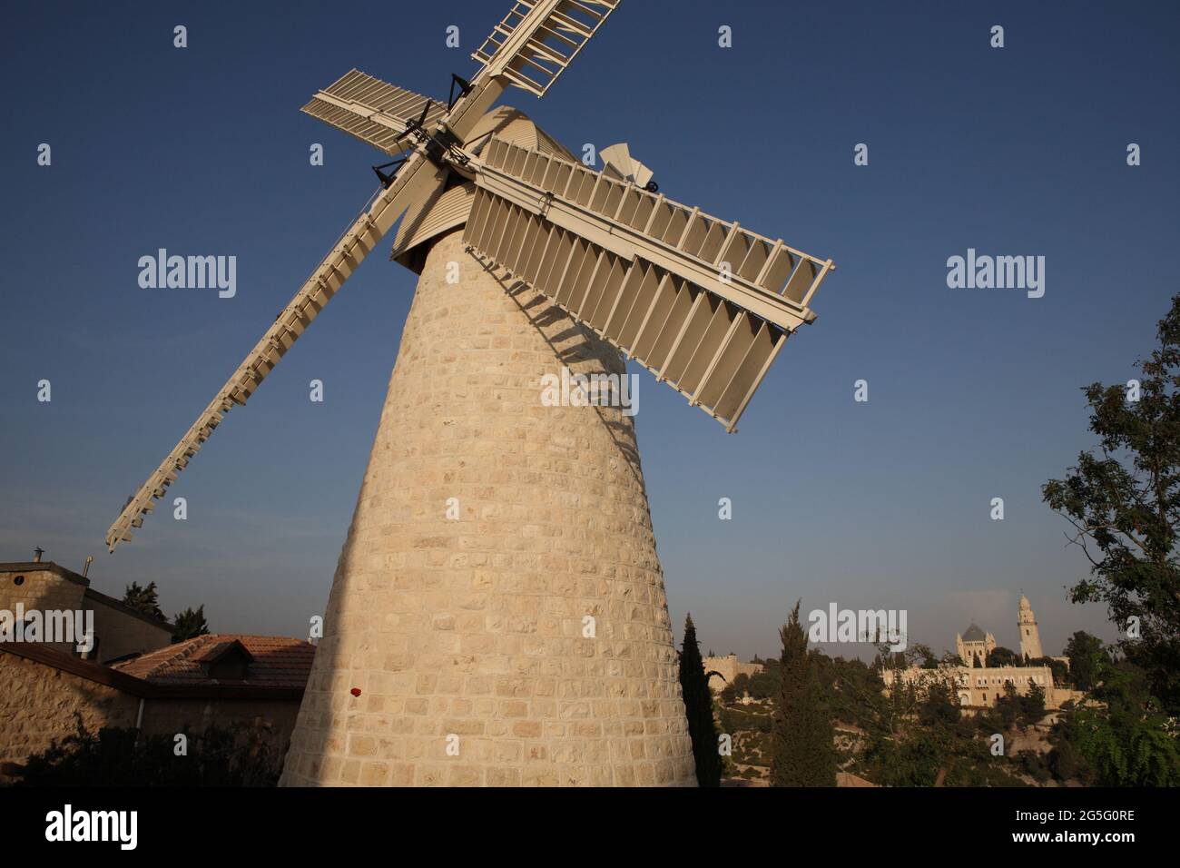The Montefiore windmill at sunset, built in 1857 as part of Mishkenot ...