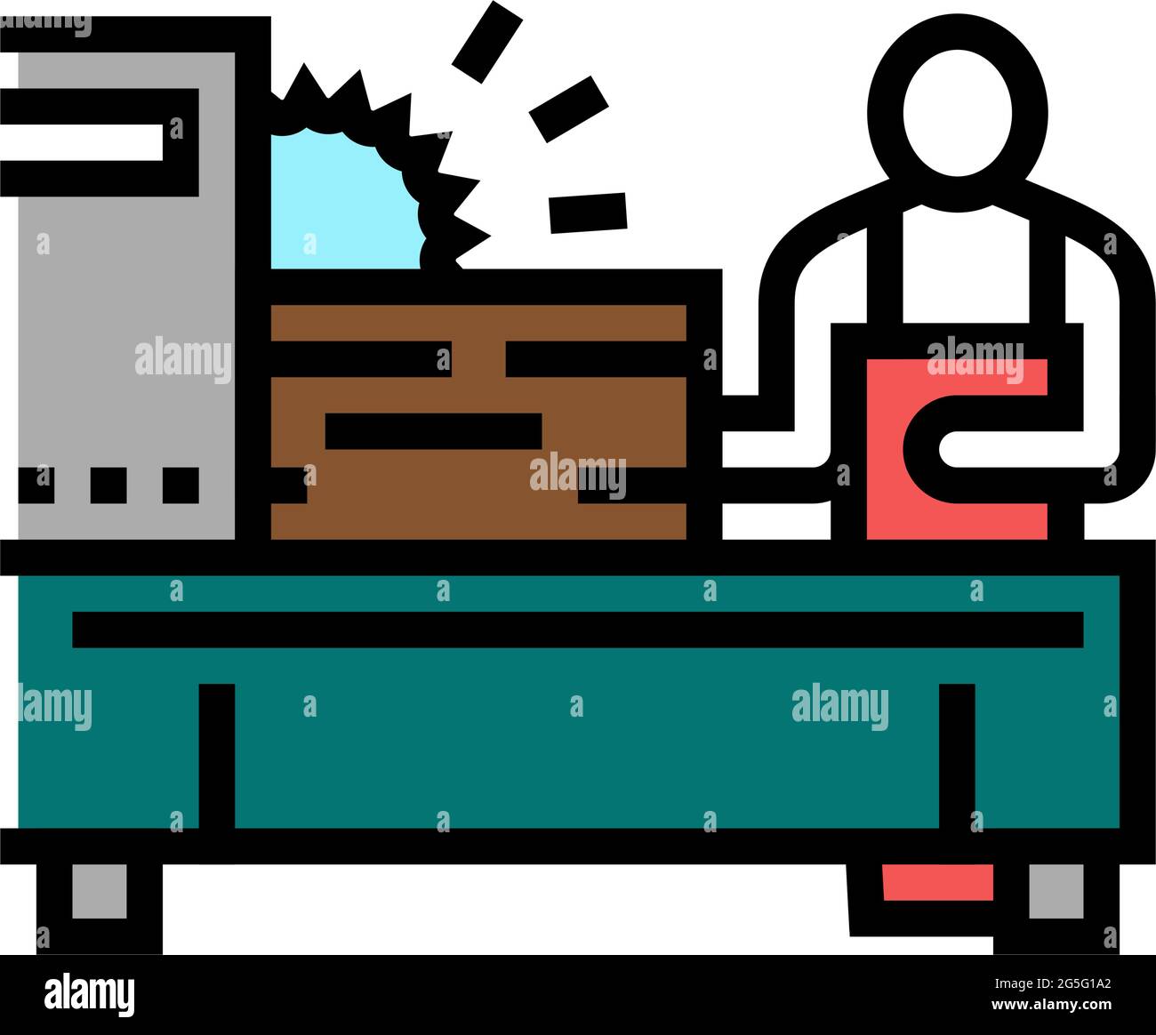 worker cutting wooden timber with sawmill machine color icon vector ...