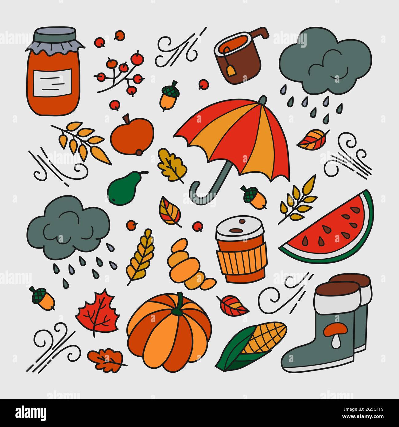Autumn elements set in doodle and cartoon style. Umbrella and rain ...