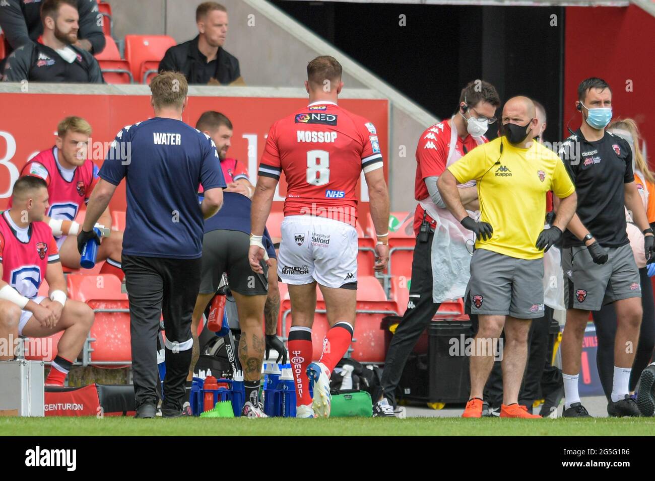 Lee Mossop (8) of Salford Red Devils leaves the pitch after being sent ...