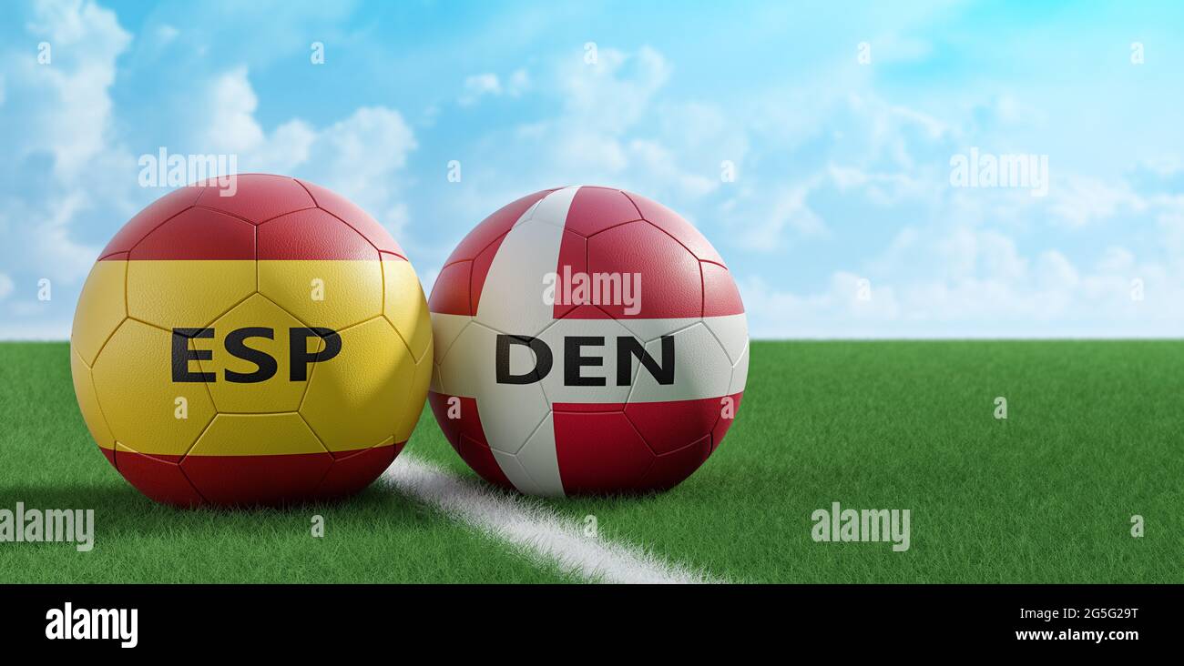 Spain vs. Denmark Soccer Match - Leather balls in Denmark and Spain ...