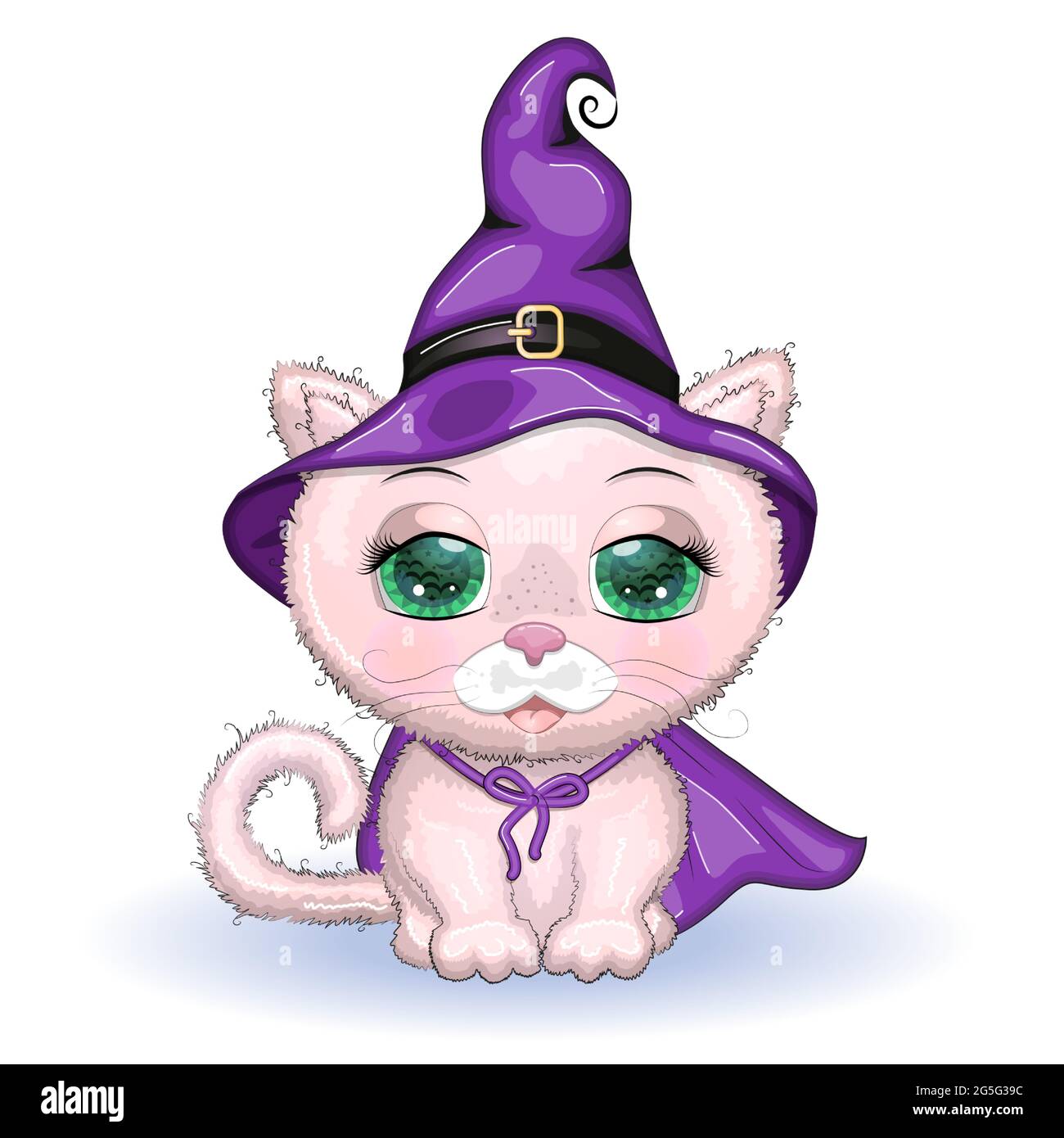 Cartoon cat wearing a purple witch hat and cloak. Halloween poster ...