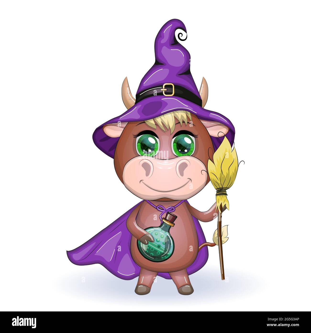 Cartoon cow, bull with a potion and a broom in a purple witch hat and ...