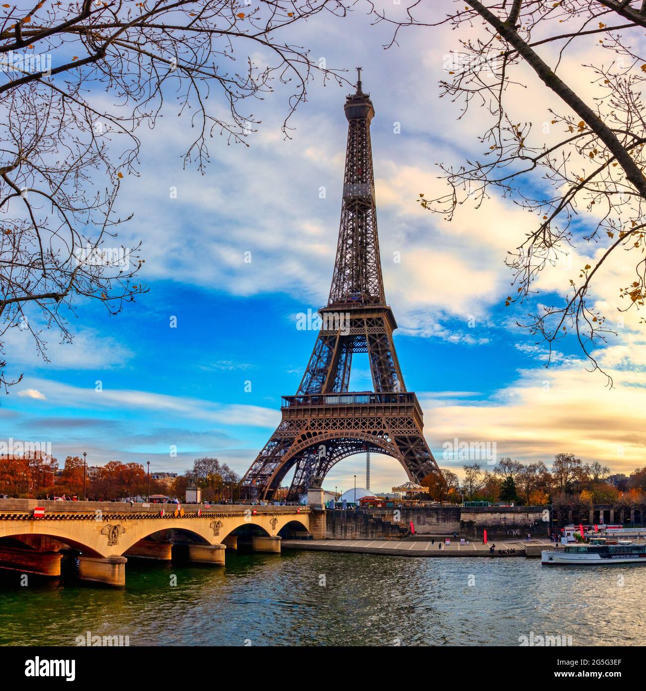 CItyscape Of Paris In Fall Ships And Brigde Over Seine River With CItyscape Of Paris In Fall Ships And Brigde Over Seine River With