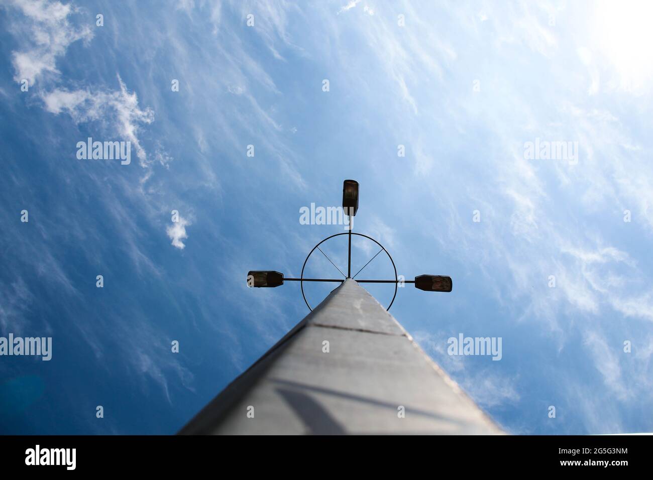 Spaceship in outer space. Long metal beam with a special electronic ...