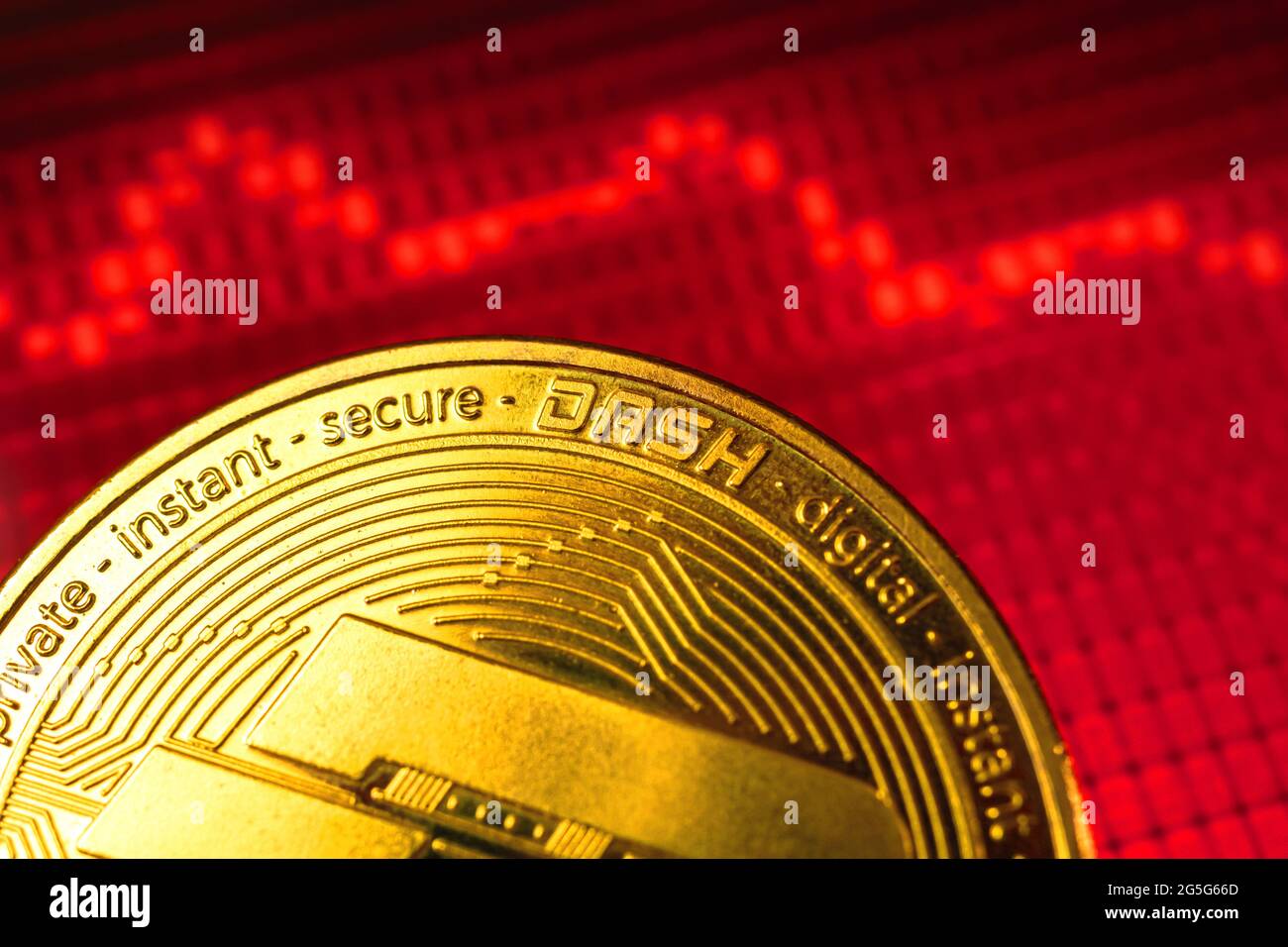 Fall of Dash crypto coin cost, red down arrow and stock chart graphs on ...