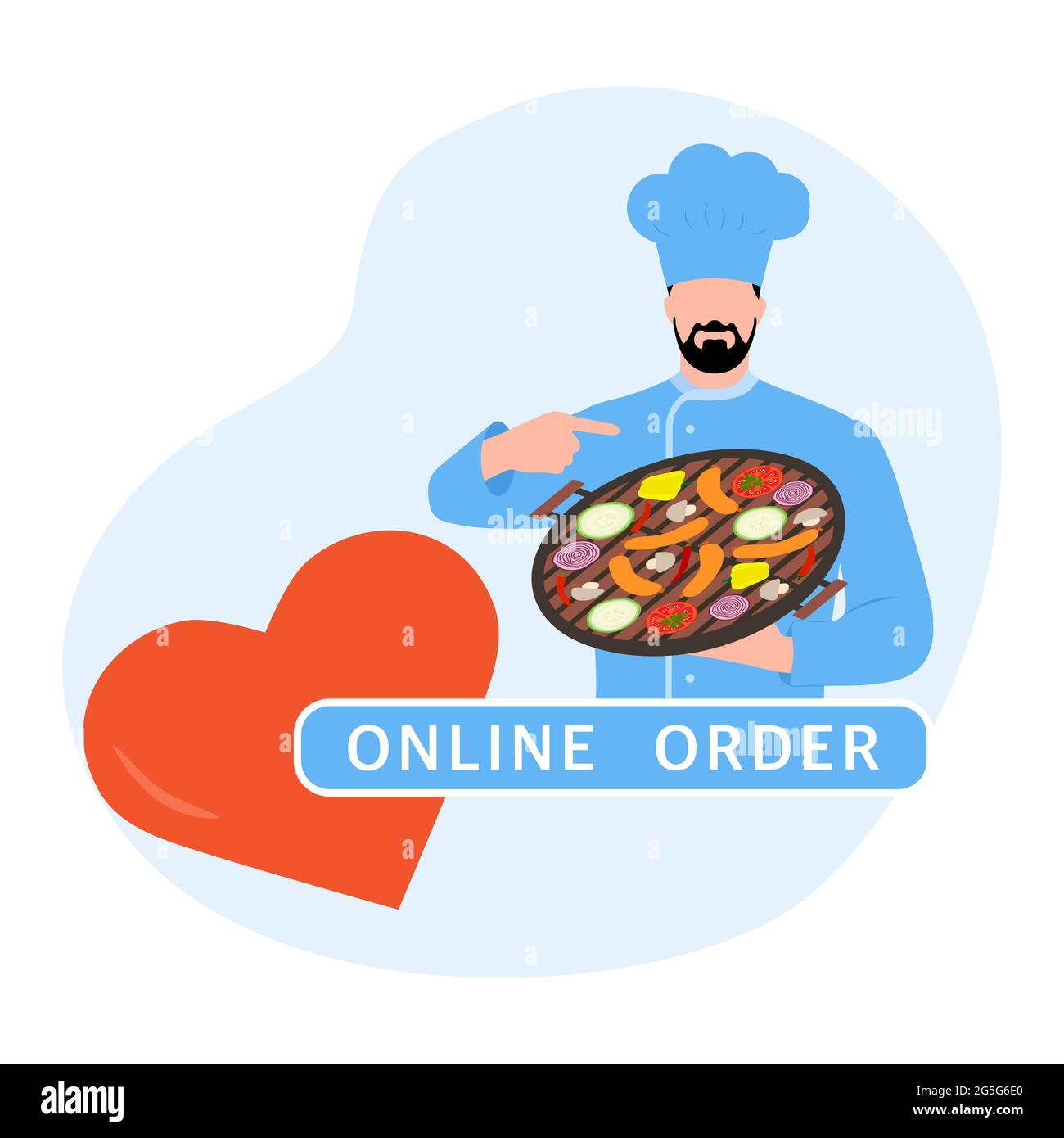 Vector illustration Online order. Chef offers to grill food. Ordering ...