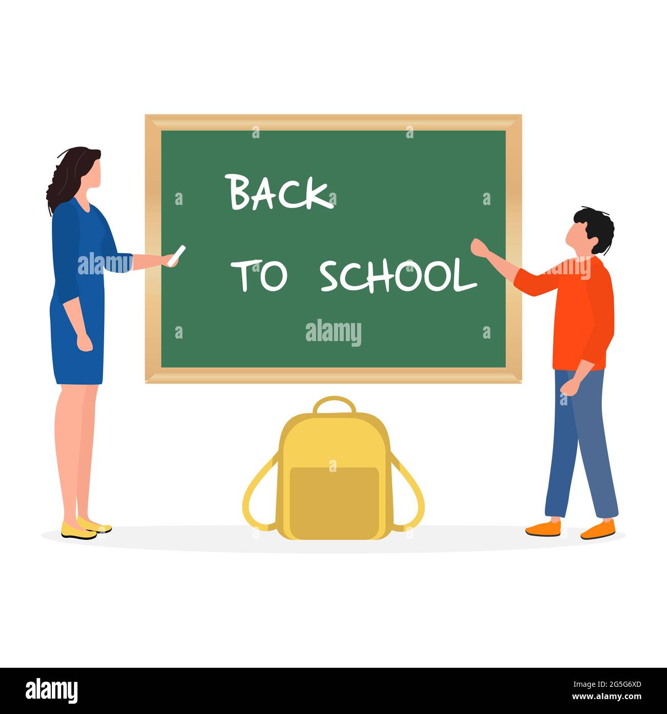 Vector illustration Schoolboy and teacher near chalkboard. Elementary ...
