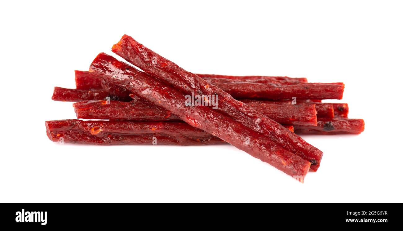 Dry salmon sticks isolated on white background. Dried fish snacks for ...