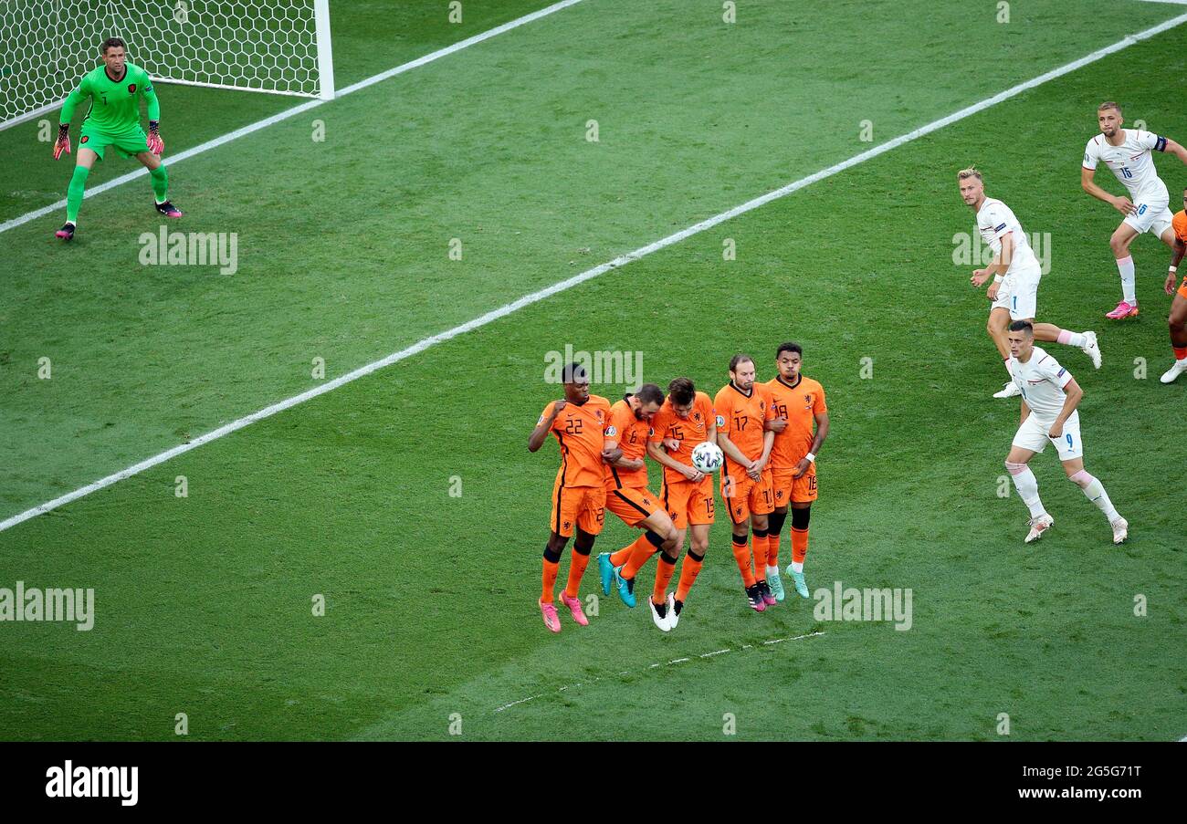 Netherlands block a free kick with their defensive wall during the UEFA ...