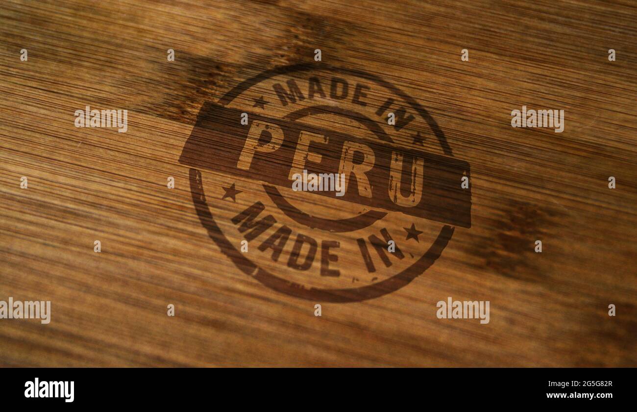 Made in Peru stamp printed on wooden box. Factory, manufacturing and ...