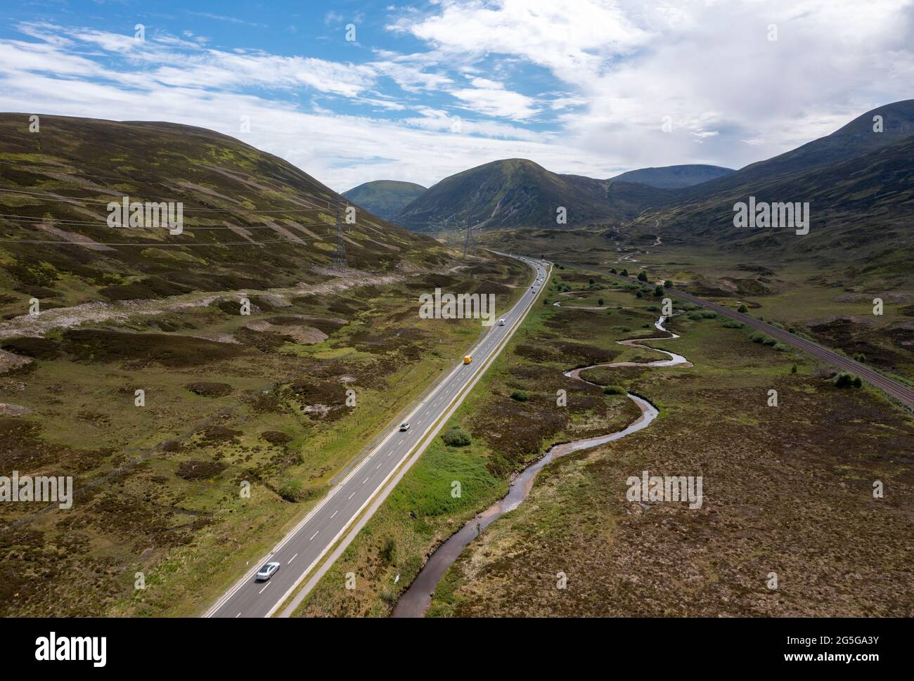 Aerial view of the A9 trunk road and main highland railway line at the ...