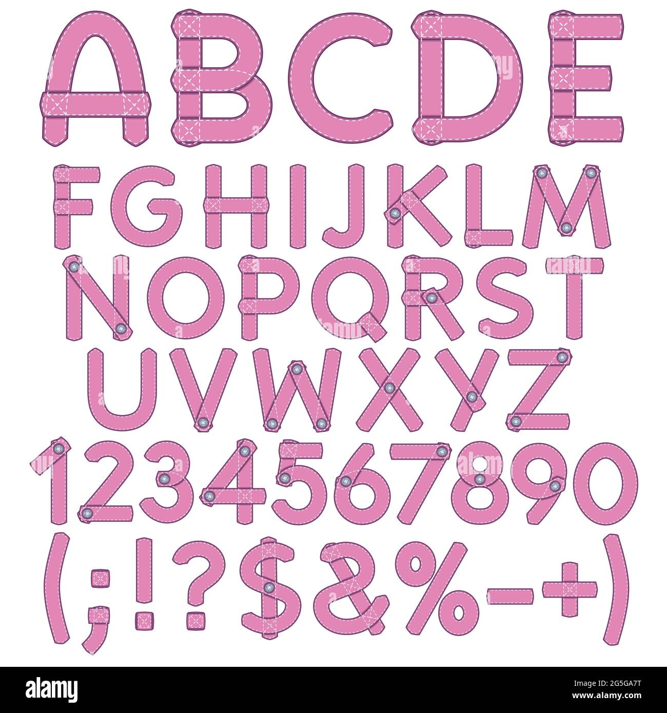 Letters, numbers and signs from pink fabric. Isolated objects on white ...