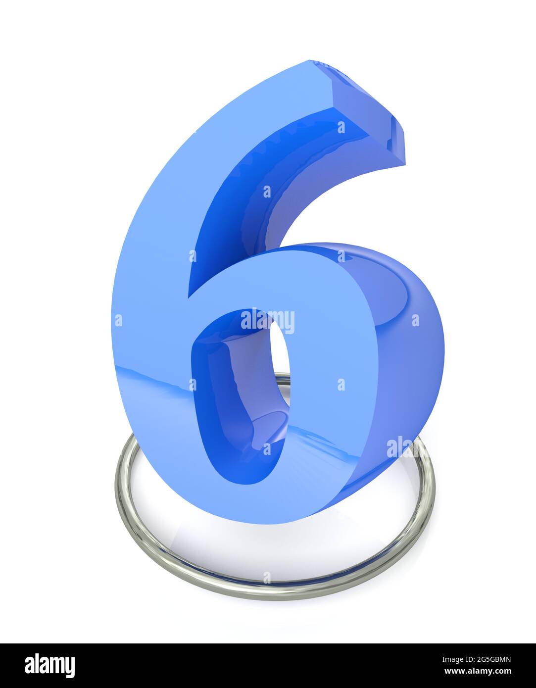 Number 6 blue over metallic circle on white background - 3D rendering ...