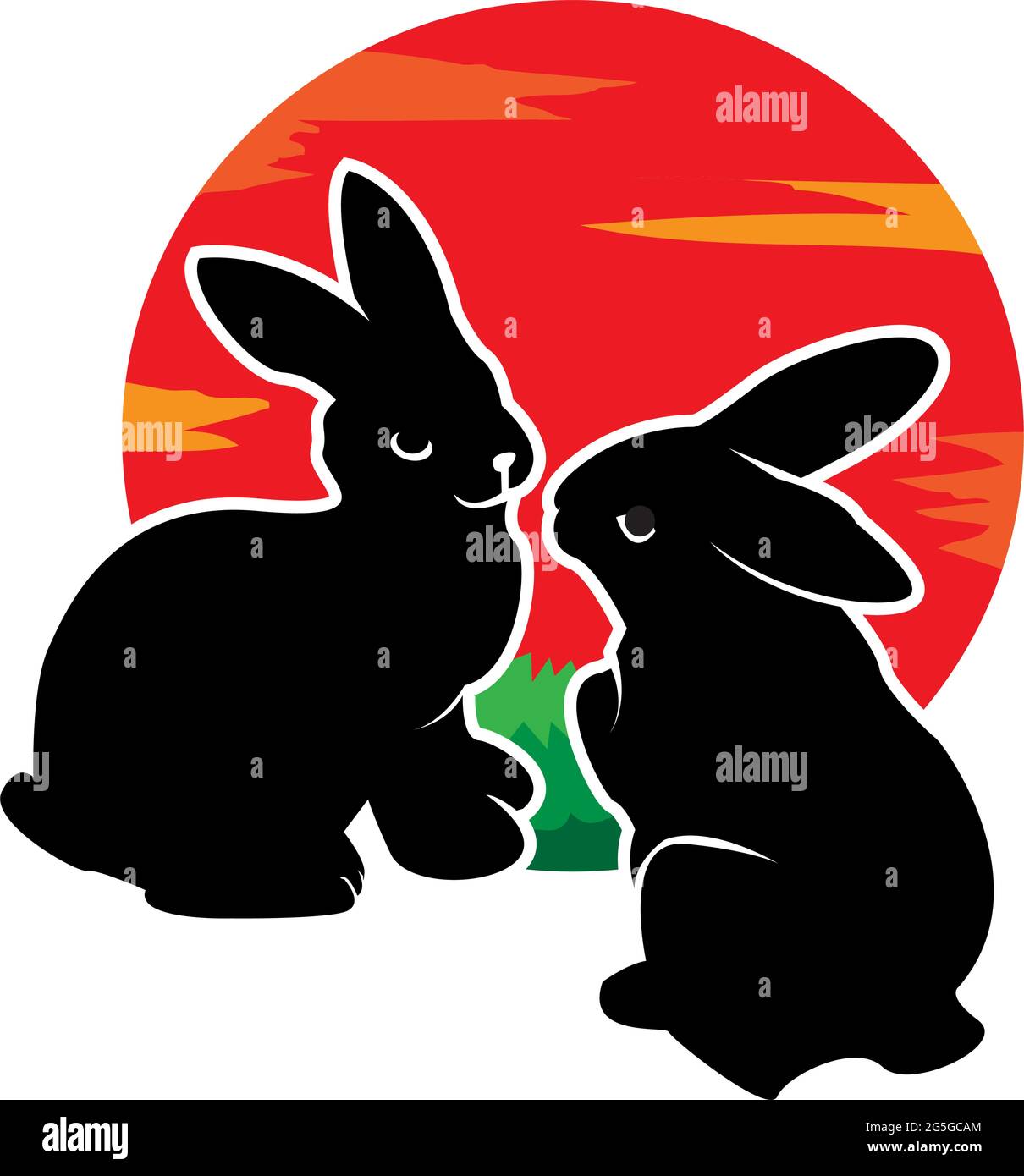 Two Rabbit logo with moon, flat design. Vector Illustration on white ...