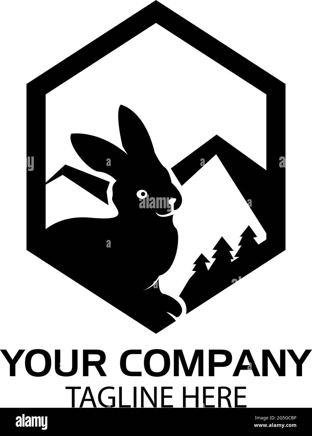 Rabbit silhouette logo with mountain in the hexagon, flat design ...