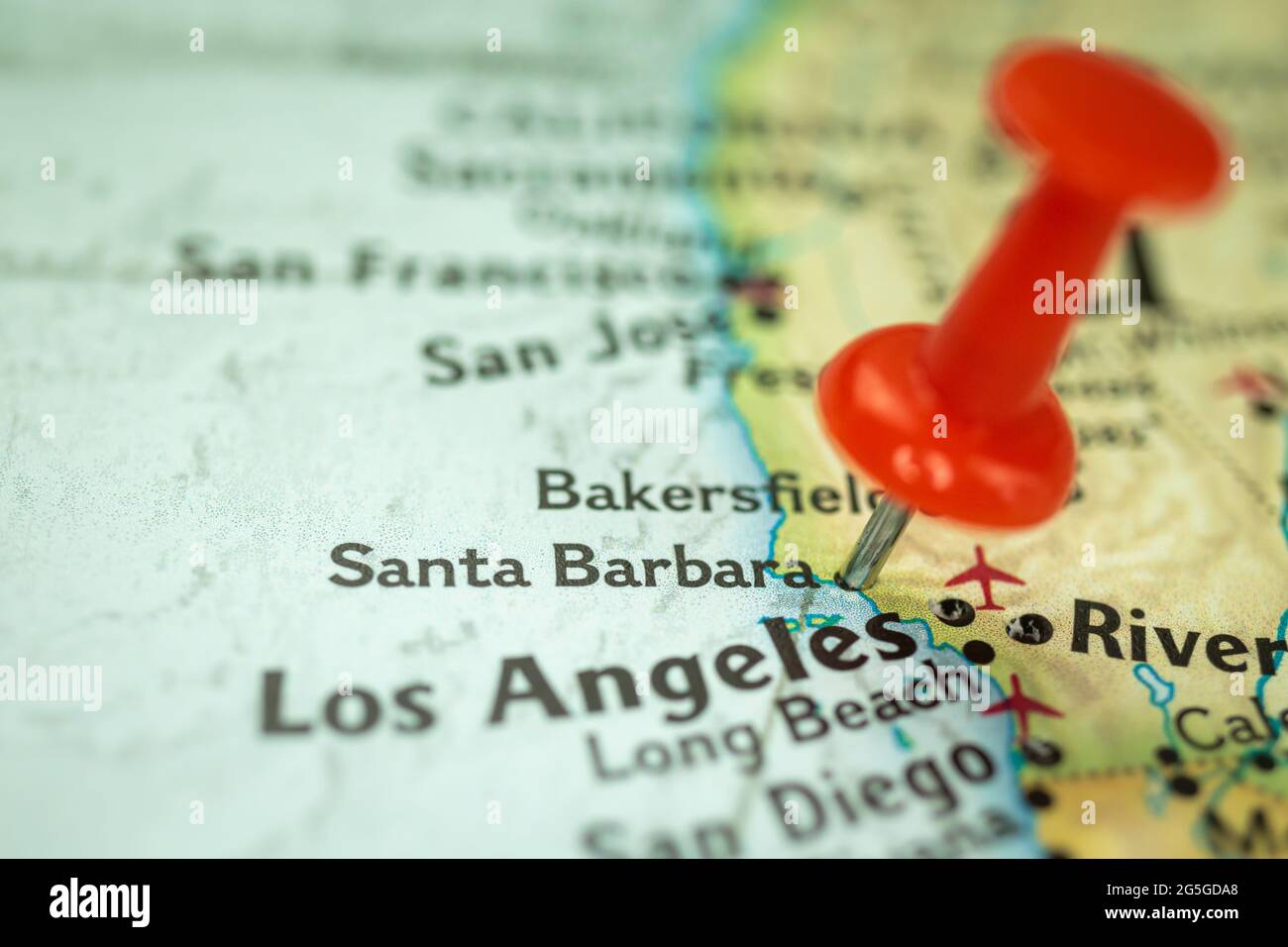 Location Santa Barbara city in California, map with red push pin ...