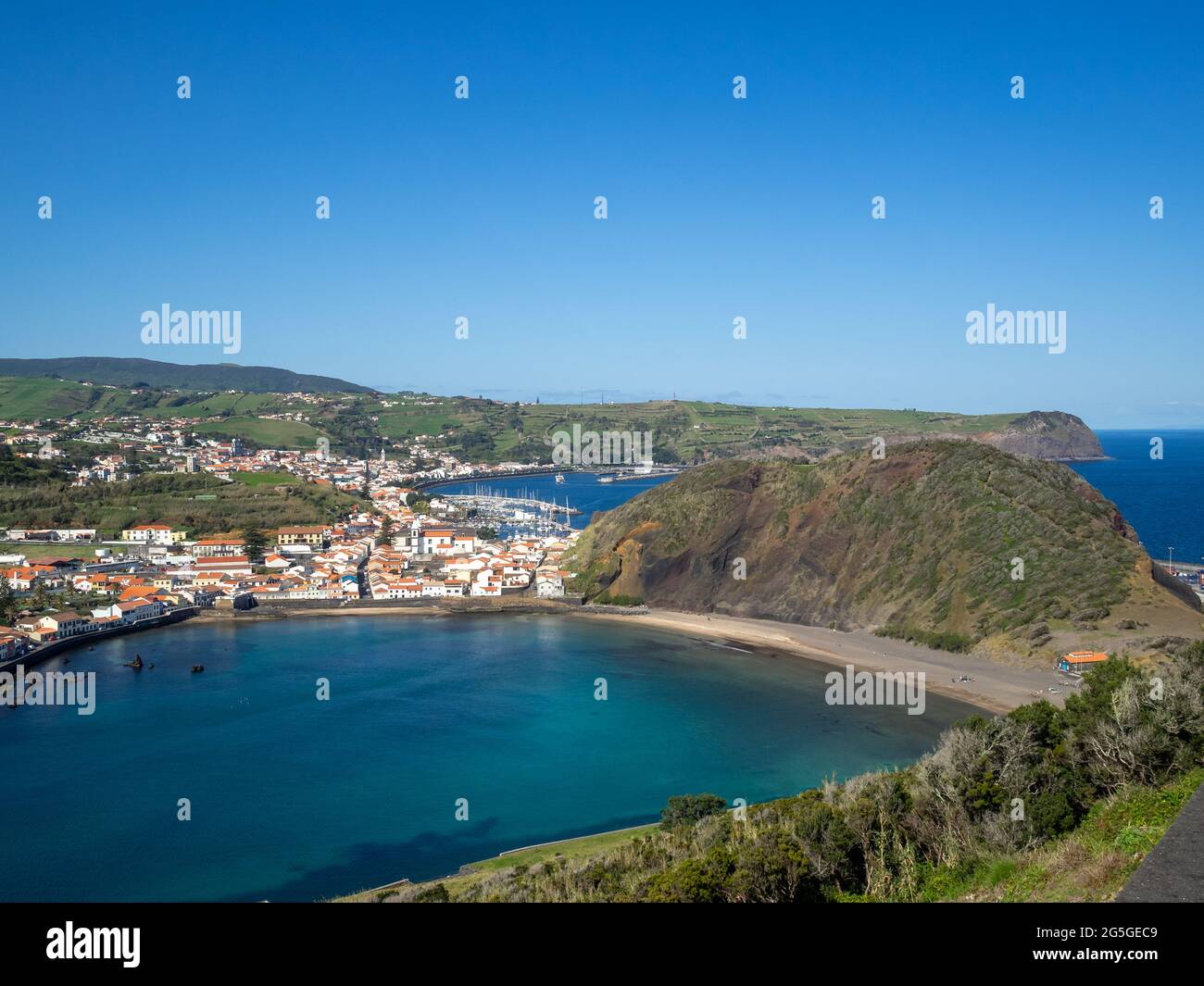 Horta city behind Monte Queimado and Porto Pim bay Stock Photo - Alamy