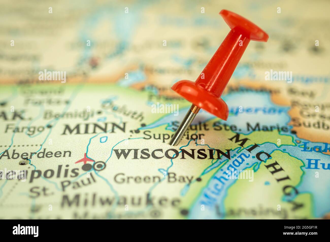 Location Wisconsin state, map with red push pin pointing close up, USA ...