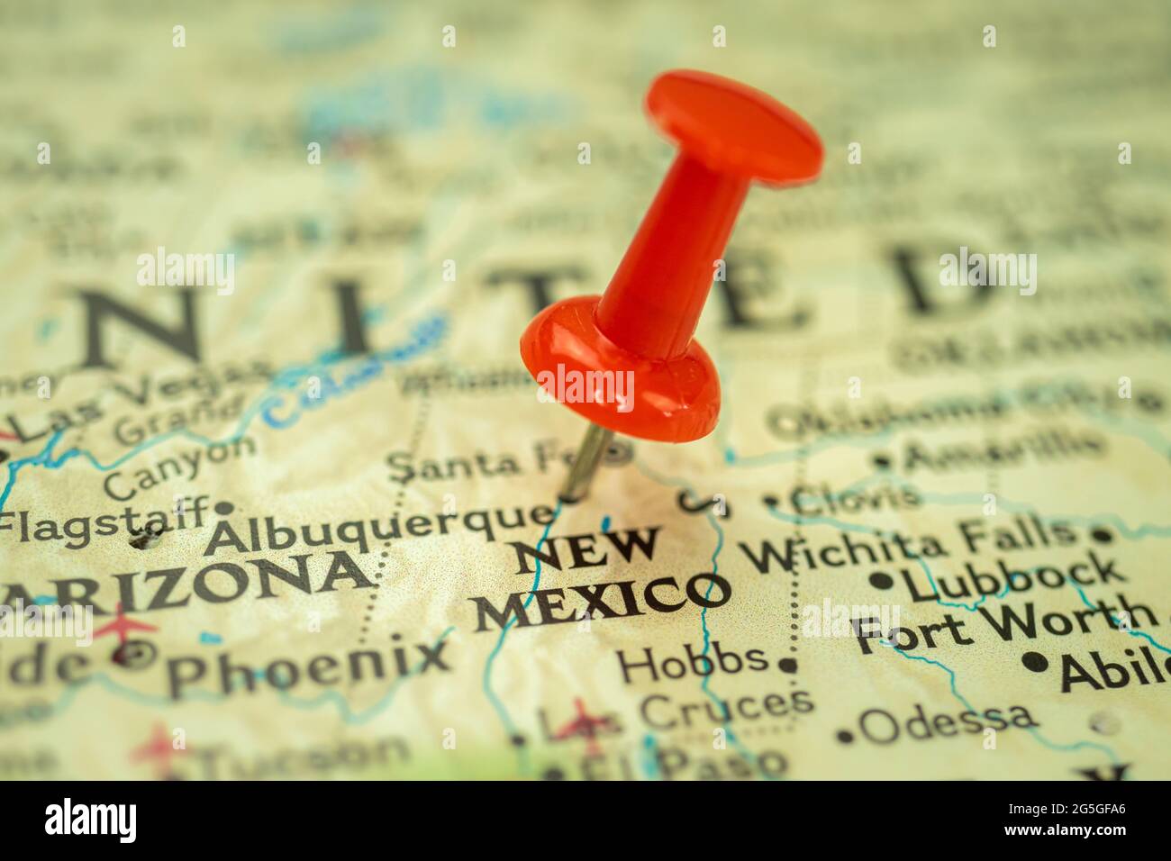 Location New Mexico state, map with red push pin pointing close up, USA ...