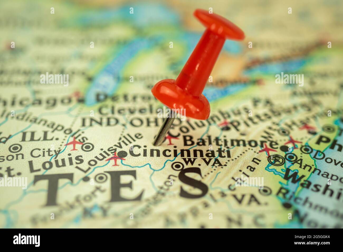 Location Cincinnati city in Ohio, map with red push pin pointing close ...