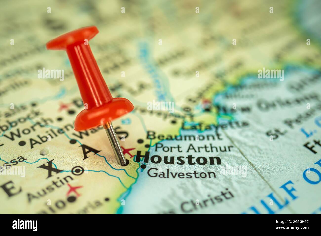 Location Houston city in Texas, map with red push pin pointing close up ...