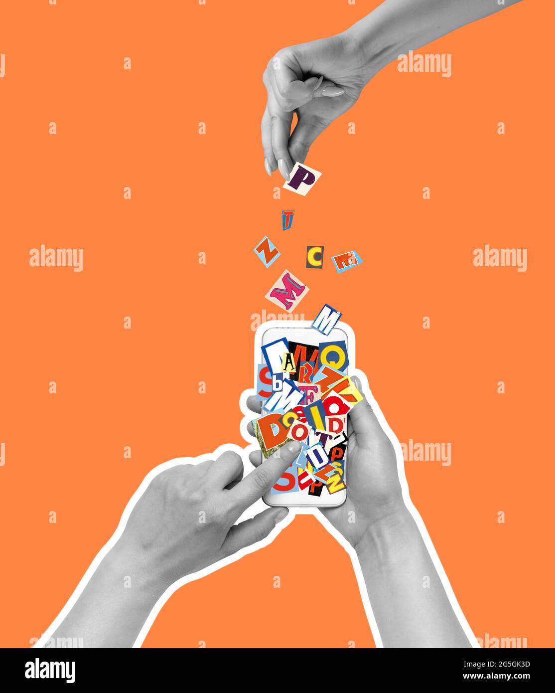 Contemporary art collage. Human hands isolated over orange background ...