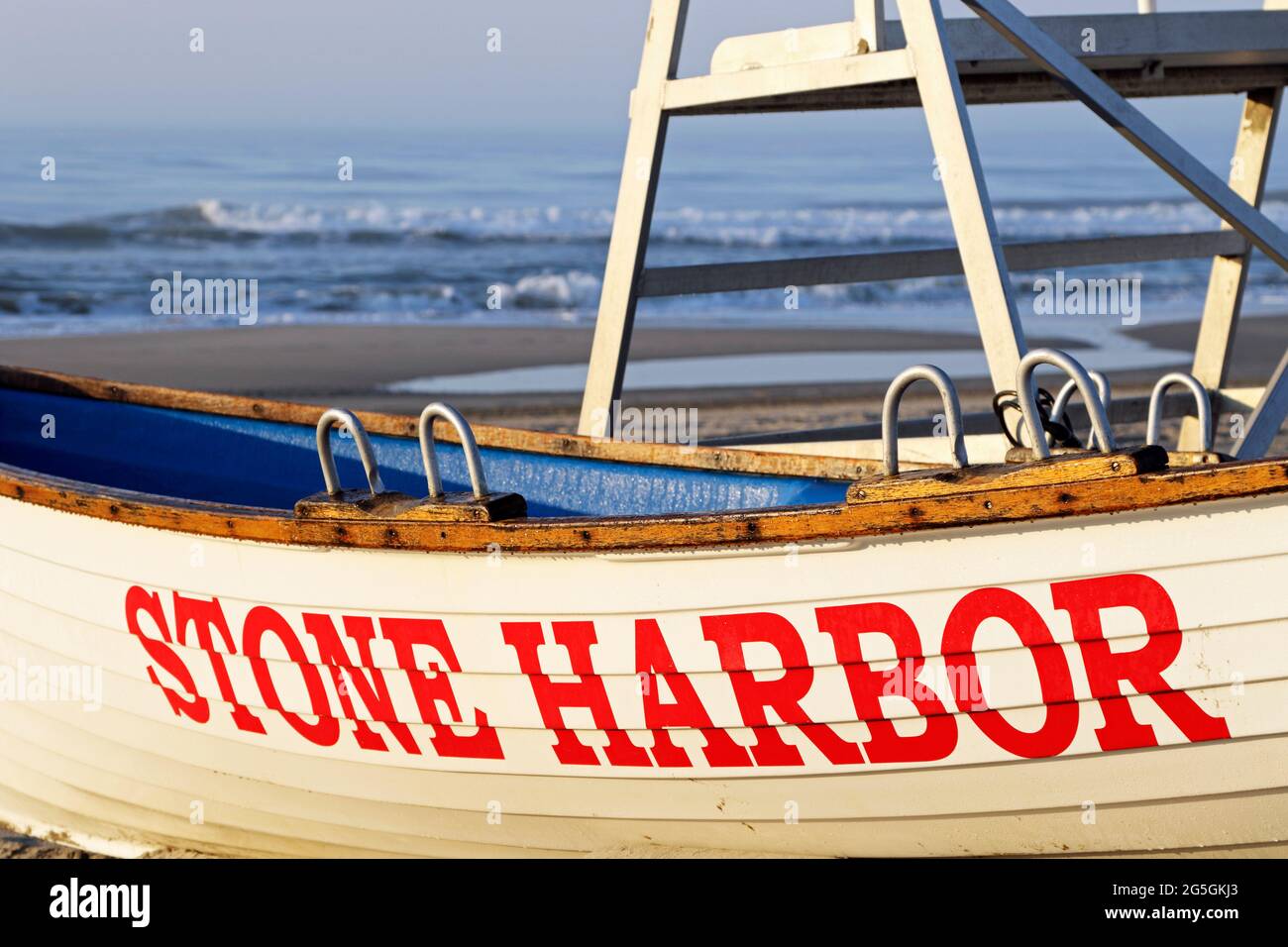 A Stone Harbor lifeboat on the beach ready for the days activities ...