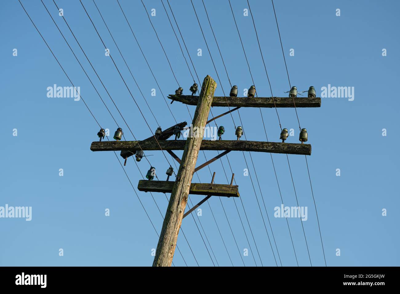 a wooden, electric pole by the railroad tracks Stock Photo - Alamy