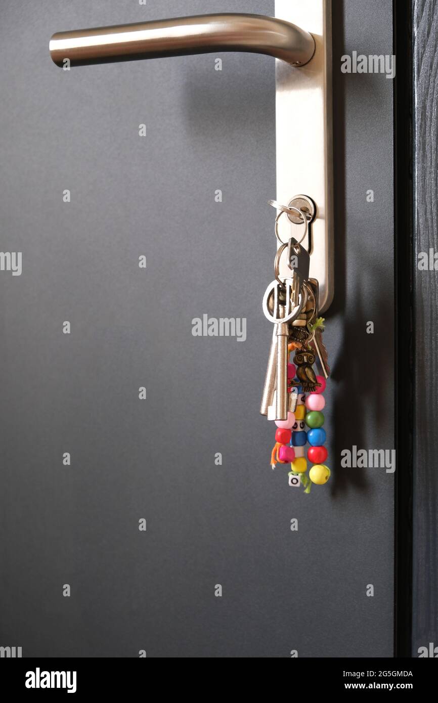 keys with keychain in the lock of black front door. Close up Stock ...