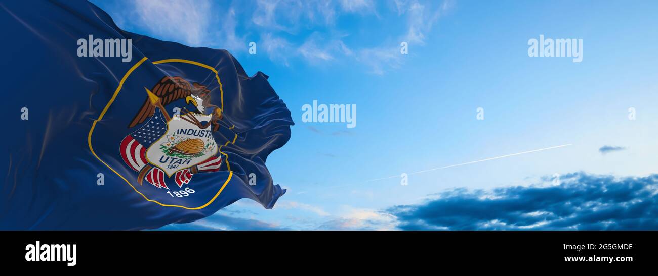 flag of Utah at cloudy sky background on sunset. Patriotic concept ...