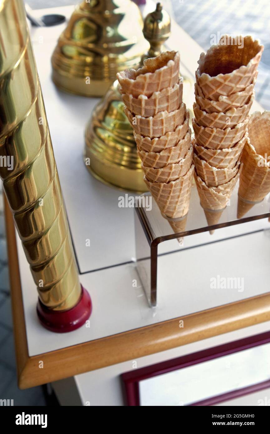 Crispy cones on the trolley of an ice cream vendor on the street Stock ...