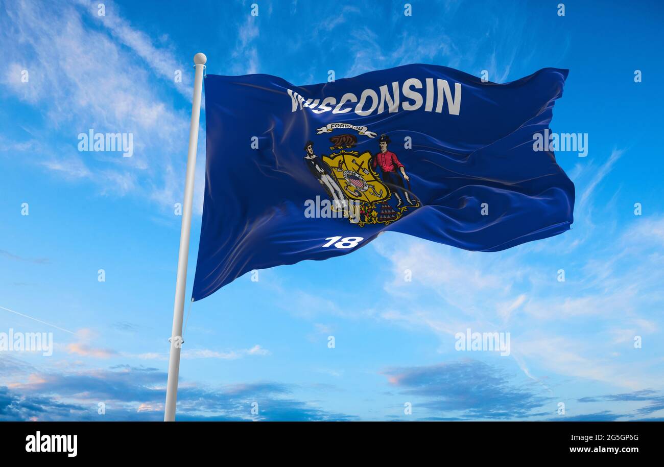 flag of Wisconsin at cloudy sky background on sunset. Patriotic concept ...