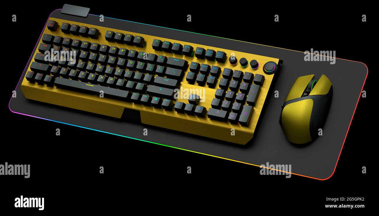 Computer keyboard and mouse on professional pad isolated on black ...