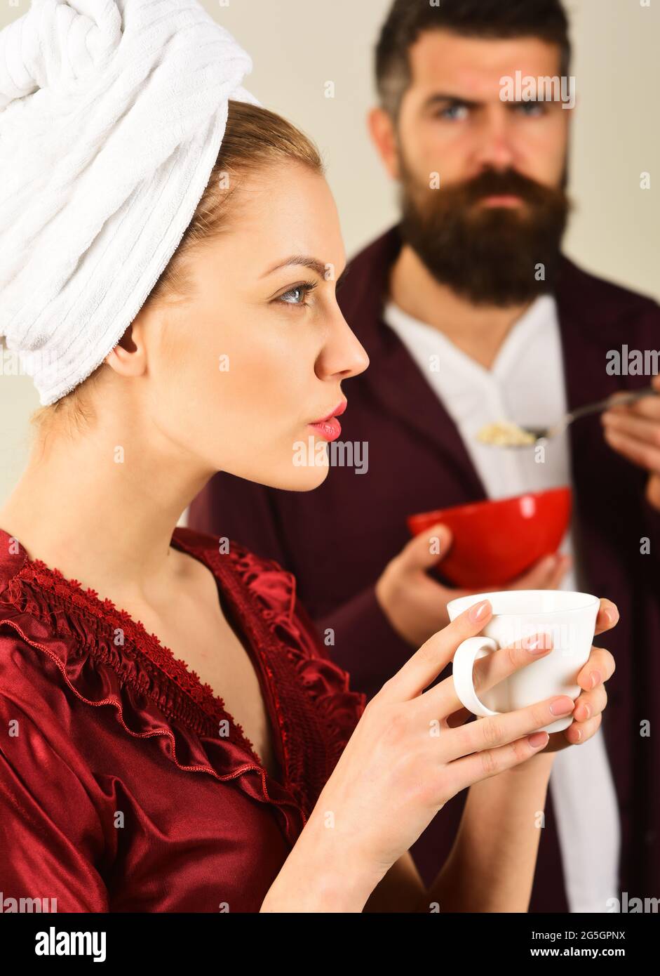 Couple having morning breakfast. Husband and wife have breakfast ...
