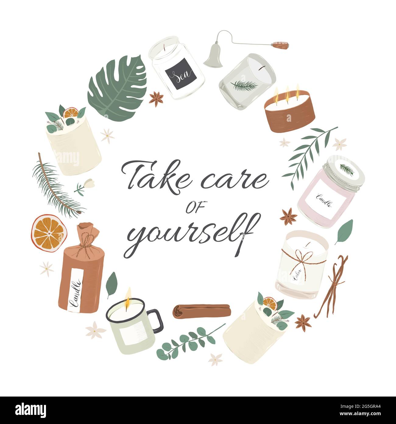 Scented candles card template, vector wreath with copy space banner ...