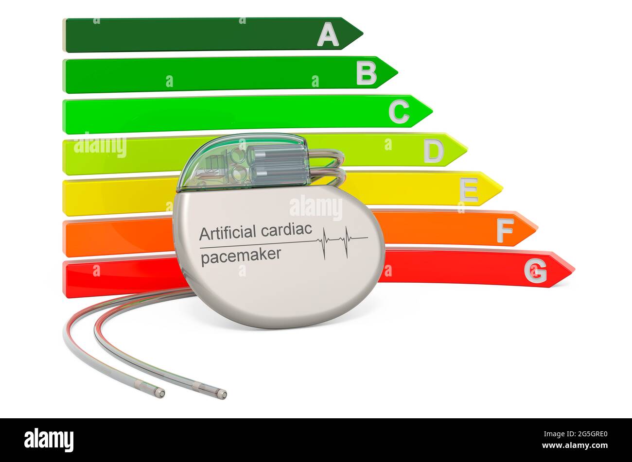 Artificial cardiac pacemaker with energy efficiency chart, 3D rendering ...