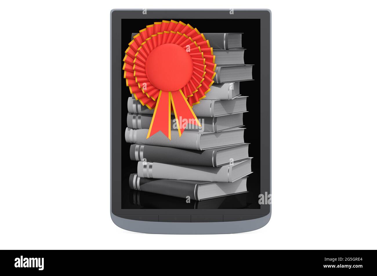 E-book reader with best choice badge, 3D rendering isolated on white ...