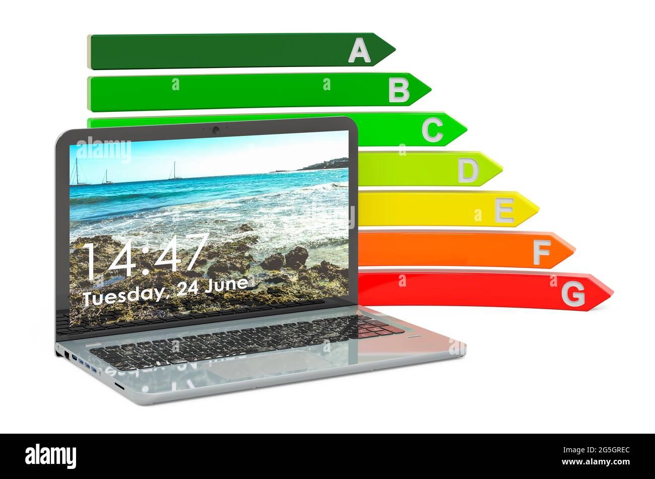 Laptop with energy efficiency chart, 3D rendering isolated on white ...